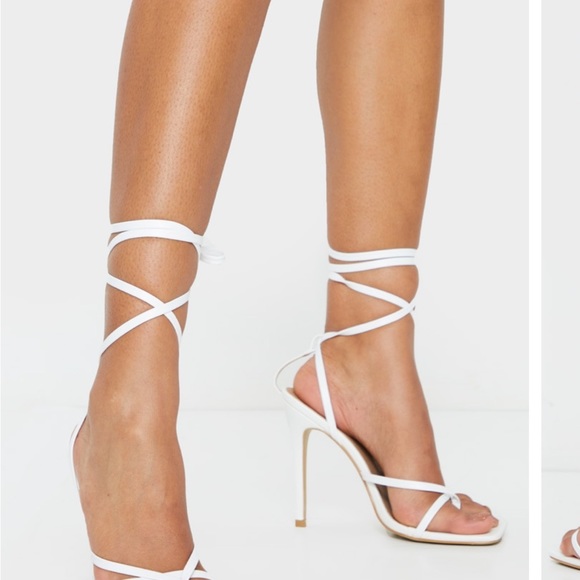 PrettyLittleThing | Shoes | Brand New Plt White Strappy Sandal Heels ...